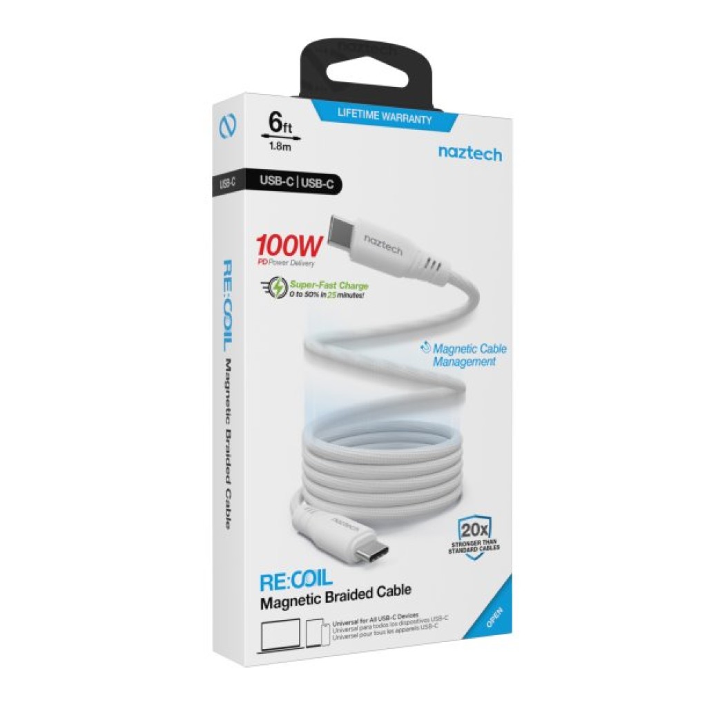 Naztech REcoil 100-Watt 6-Ft. USB-C to USB-C Magnetic Braided Cable ...